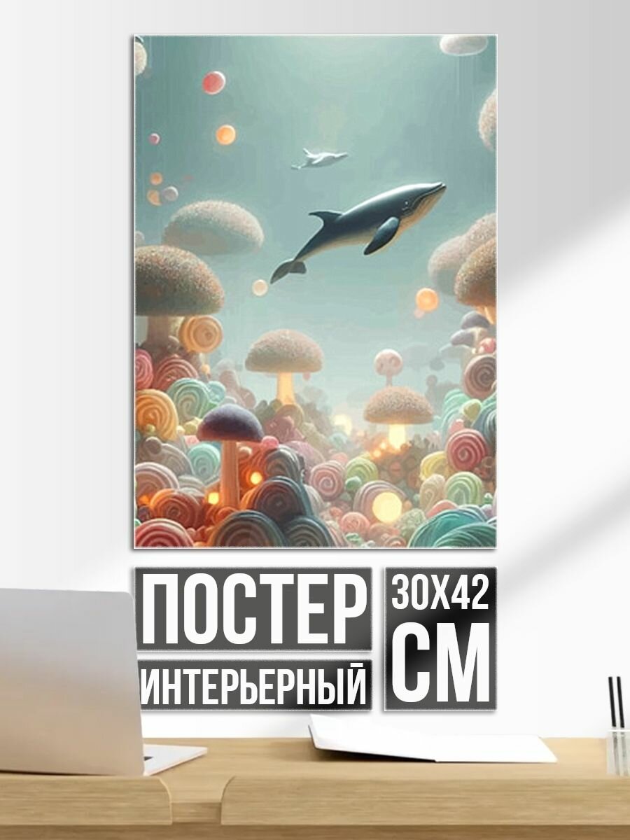 Постер на стену Кит среди гигантских подводных грибов - нейроарт фантазия