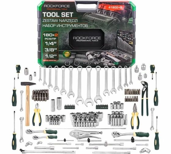 Набор инструментов 180+2 предмета 1/4", 3/8", 1/2" (6гр,12гр.) RockFORCE