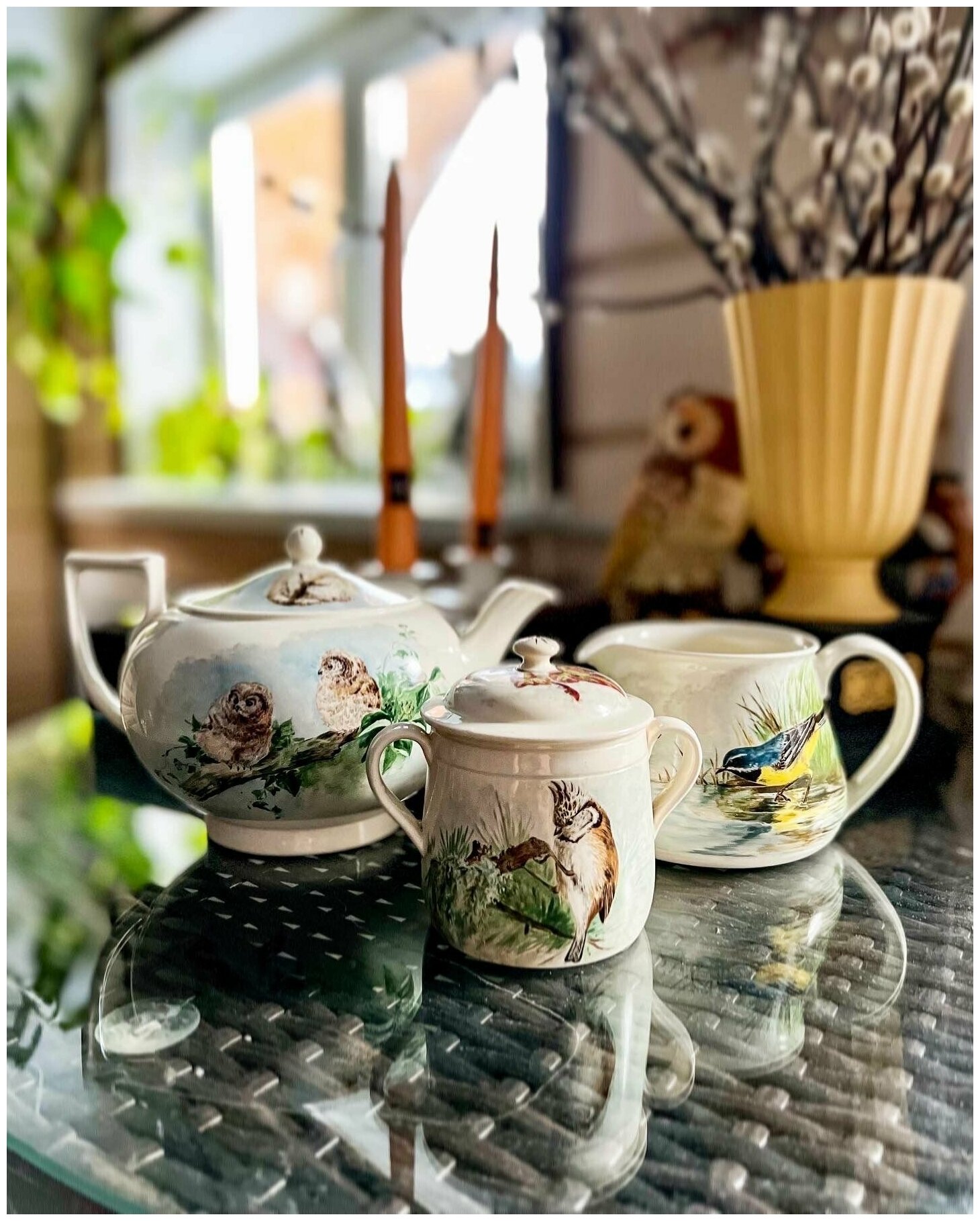 WEDGWOOD старинный набор с птицами: чайник, молочник и сахарница, Англия, 1890-1920 гг.