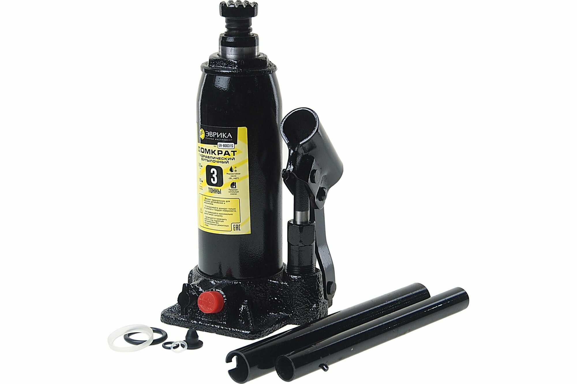 Домкрат гидравлический эврика ER-80031S бутылочный с клапаном 3т, ремкомплект (высота подъема 195-380мм) в кейсе