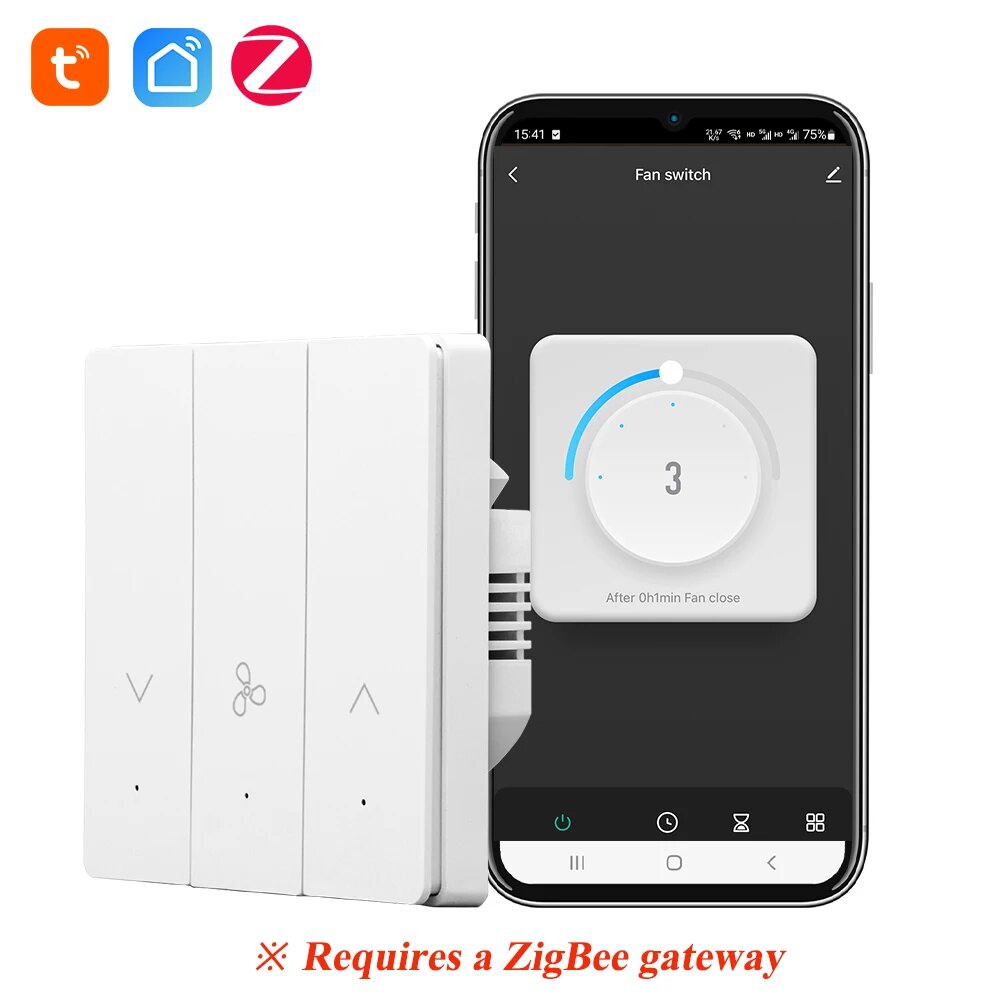 Tuya Zigbee Умный выключатель для вентилятора 5 скоростей ZigBee, White
