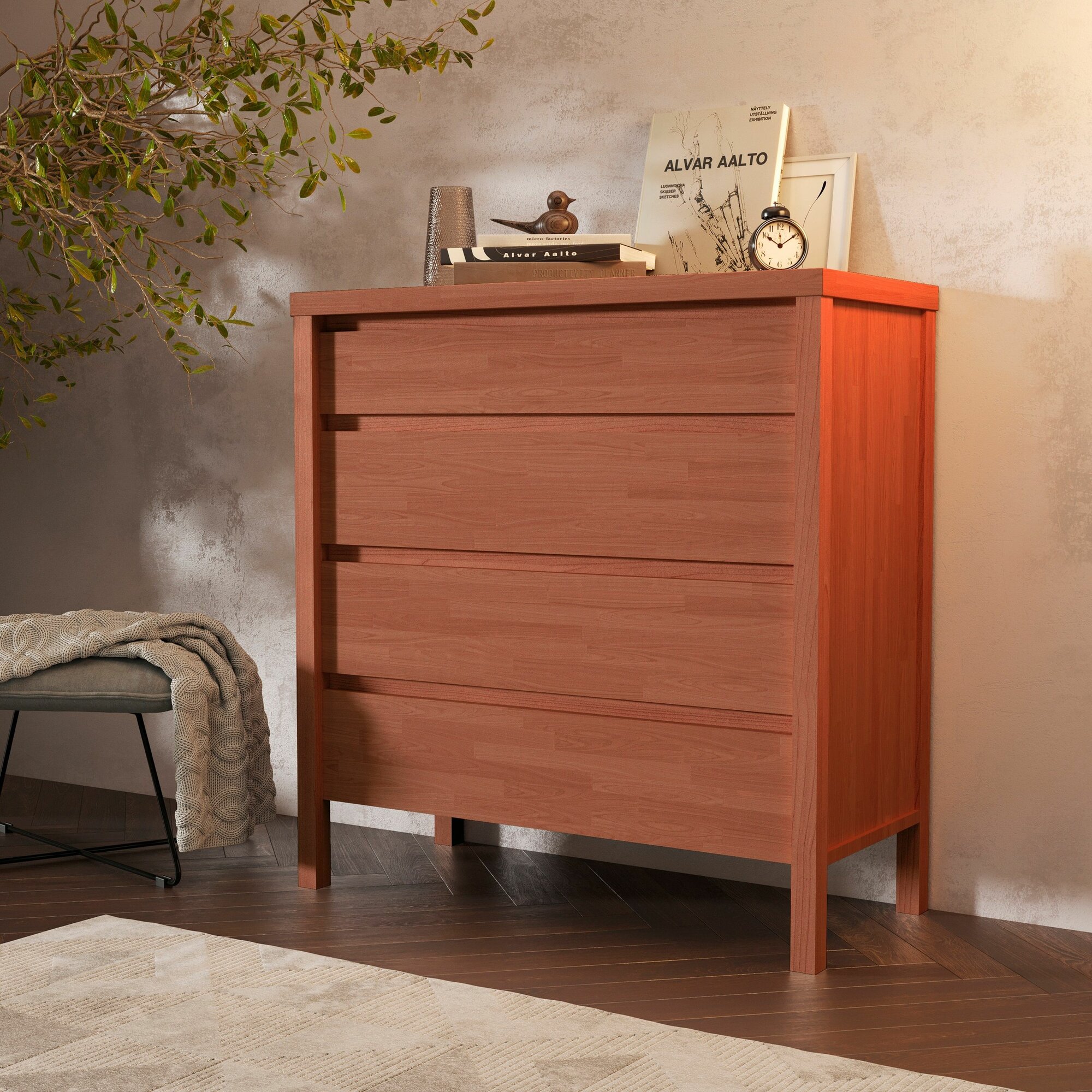 Комод, 45х100x102 см, Hansales, 4 ящика, цвет красное дерево