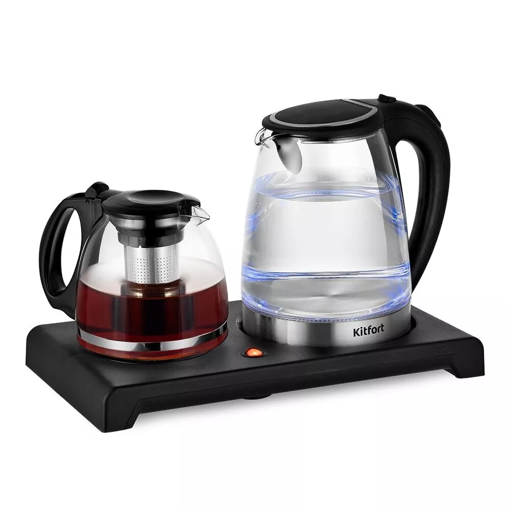 Набор чайный Kitfort KT-6180, 1500 Вт, 2 л чайник и 1.2 л заварочный кувшин с фильтром, подставка с подогревом заварочного кувшина, черный
