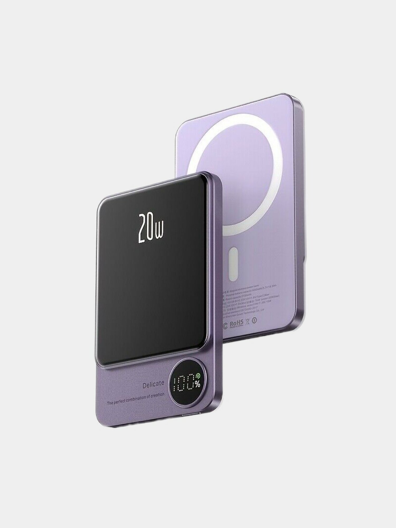 Магнитный аккумулятор с беспроводной зарядкой RECCI Matrix Alluminium, 5000 mAh, Qi15W/PD20W, Dream Purple