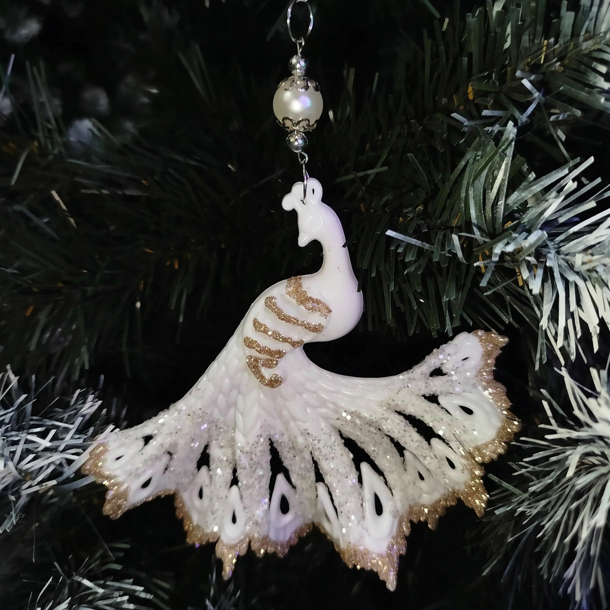 Украшение на ёлку "Жар-Птица", пластик, белое с золотом, 15см, 1шт