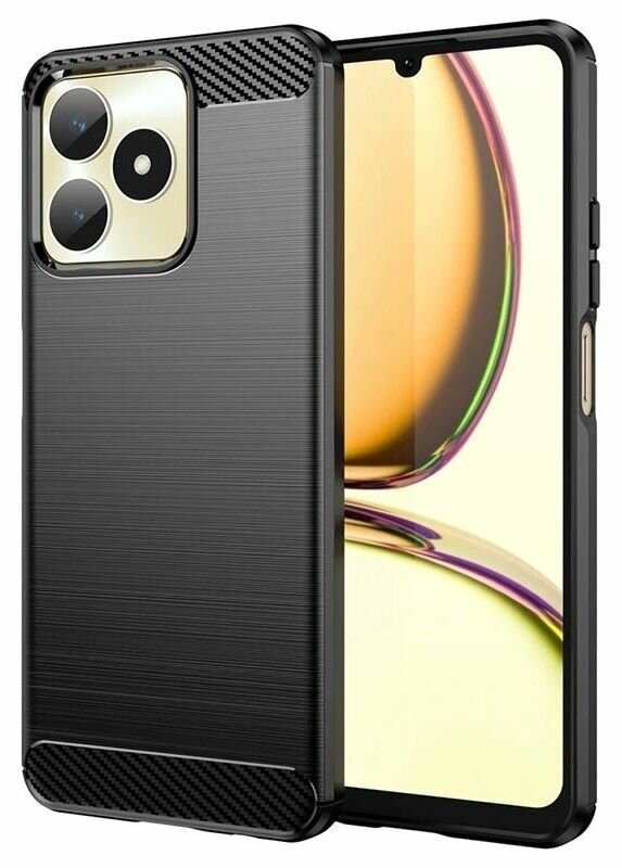 Чехол на Realme Note 50 силиконовый карбон сталь чёрный противоударный