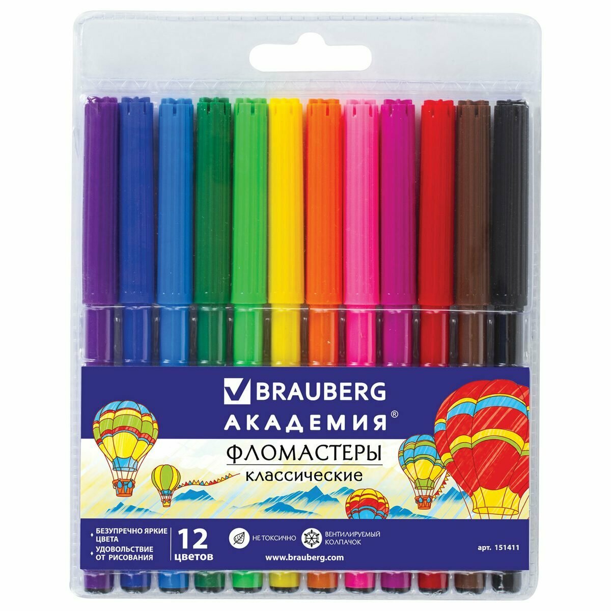 Набор фломастеров 12 цветов Brauberg "Академия" (линия 1мм) ПВХ упаковка (151411), 12 уп.