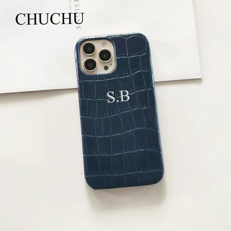 Кожаный чехол для iPhone 14 Pro с инициалами S.B, темно-синий