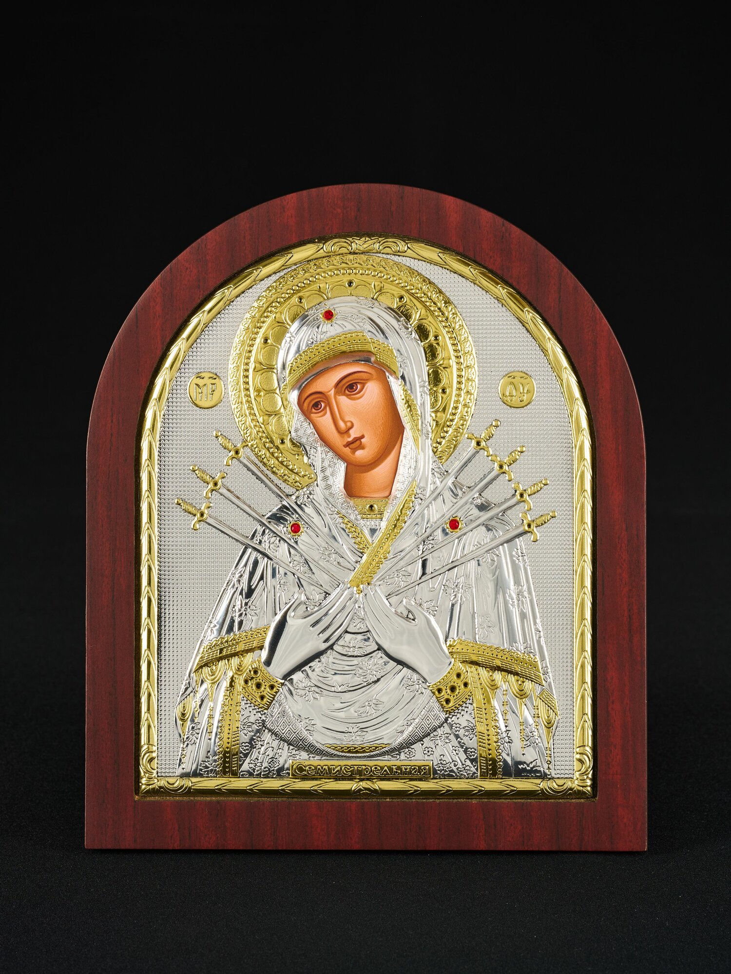 Серебряная икона Богородица Семистрельная Греческая Арочная