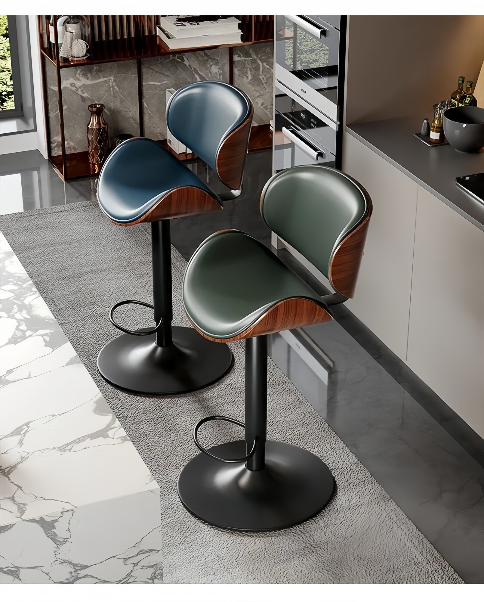 Барный стул, металл, натуральная кожа, 91-111см, оливковая обивка