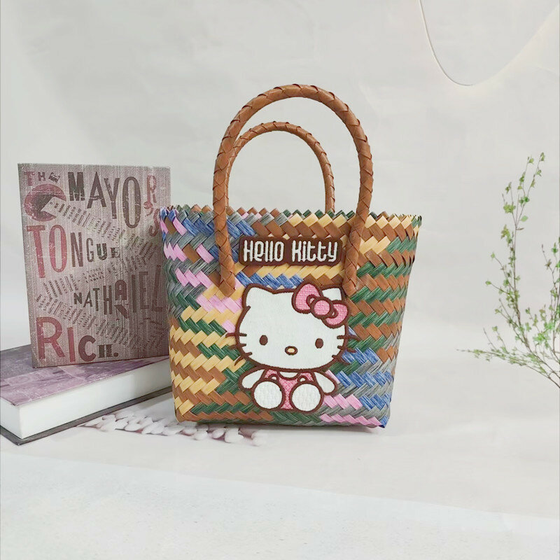 Корзина - Мешок из ротанга для организации и хранения вещей Вышивка Hello Kitty