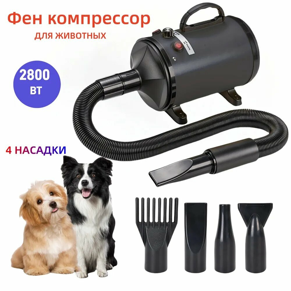 Фен компрессор для собак с густой шерстью 2800 Вт Фен-компрессор для сушки собак и кошек с 4 насадками.
