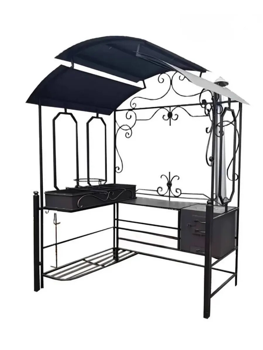 Мангал "Угловой 3", сталь, кованый, с крышей, 228x118x164 см, черный