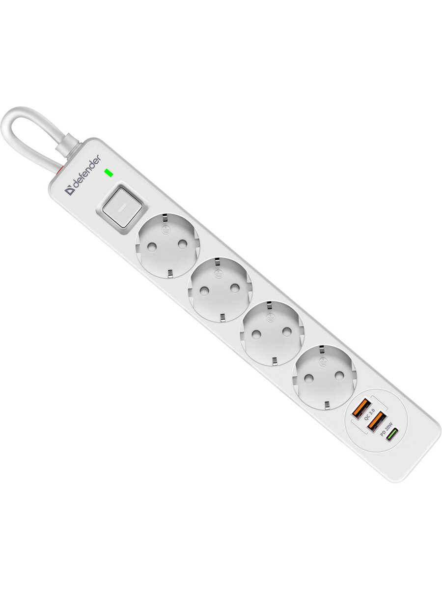 Сетевой фильтр DEFENDER DFS 143 white (3м, 4 розетки, 16A, USB+TypeC) (99434)