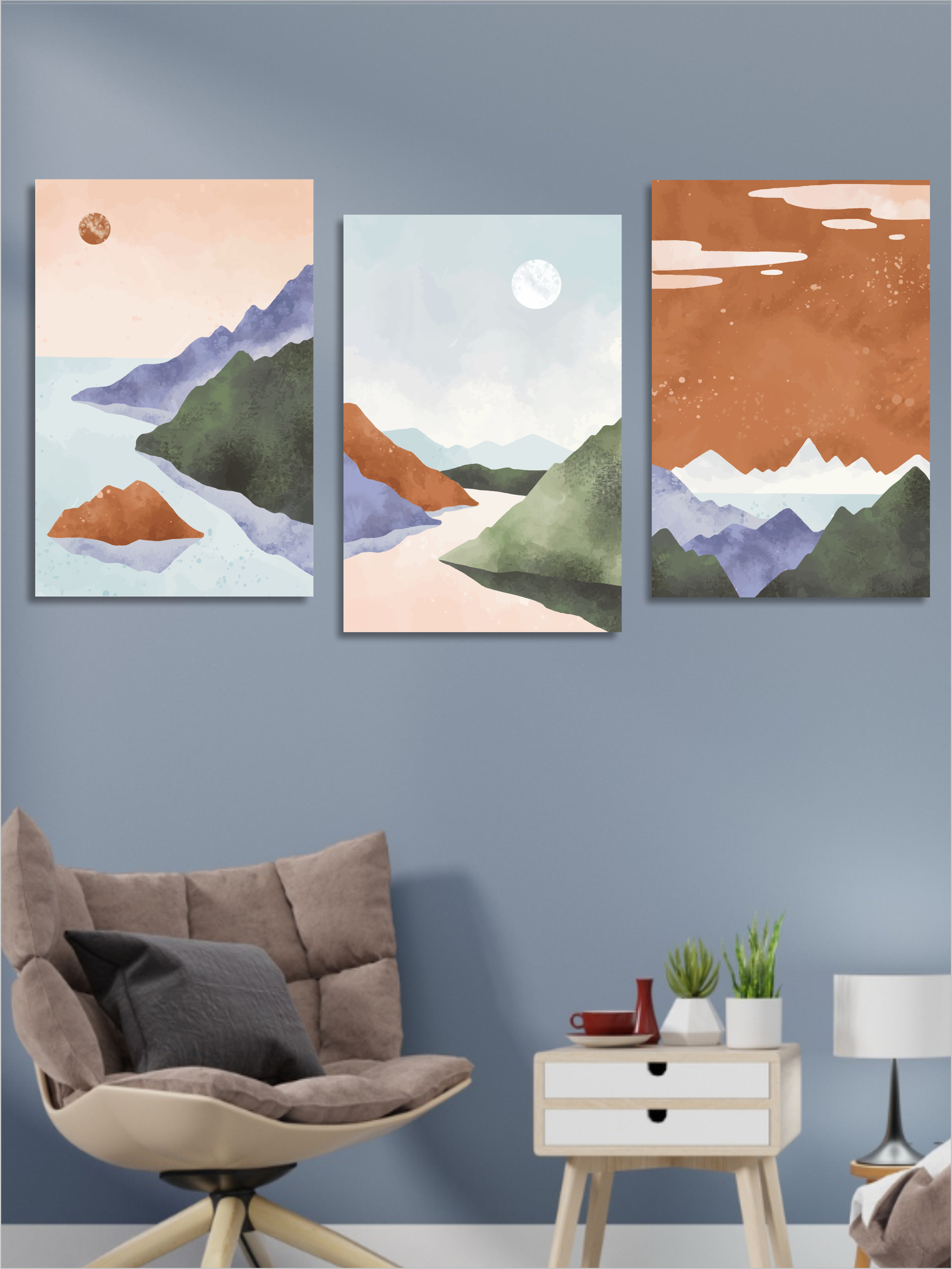 Модульная картина для интерьера на стену, пейзаж Зеленые горы 40х60 см - 3 штуки на холсте на подрамнике