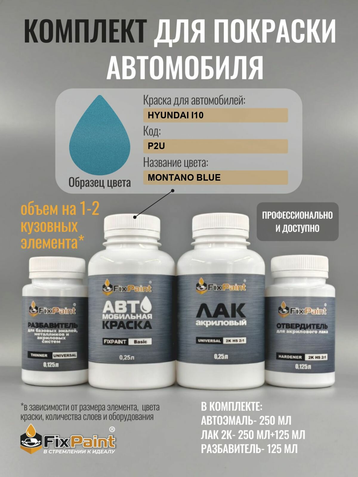 Комплект для покраски HYUNDAI I10, код P2U, MONTANO BLUE, базовая автомобильная краска 250 мл, лак 2K 250 мл с отвердителем, разбавитель 125 мл, FixPaint Pro