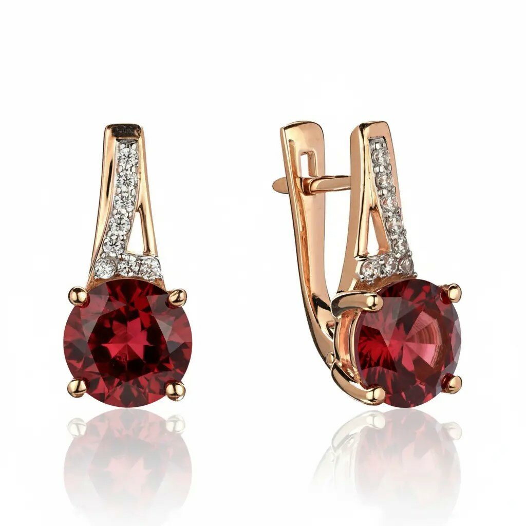 Моносерьга, красное золото, 585 проба, родирование, фианит, гранат