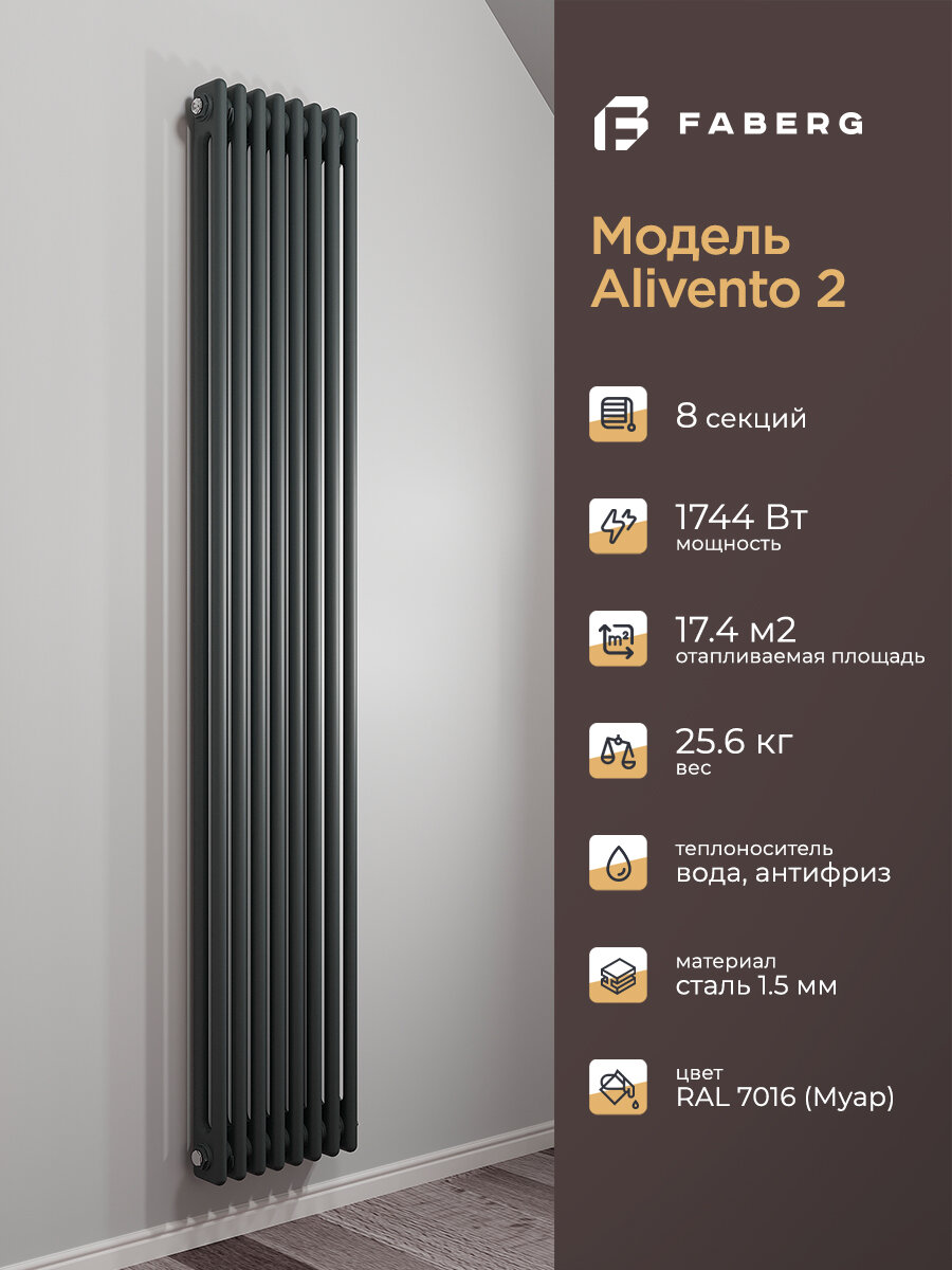 Радиатор отопления стальной трубчатый Faberg Extra 2, высота 1800мм, 8 секций, RAL7021