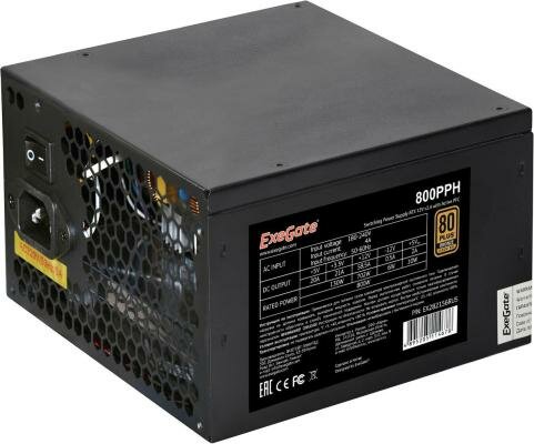 Блок питания 800W ExeGate 80 PLUS® Bronze 800PPH (ATX, APFC, КПД 89% (80 PLUS Bronze), 12cm fan, 24pin, 2x(4+4)pin, 4xPCI-E, 8xSATA, 4xIDE, RTL(color