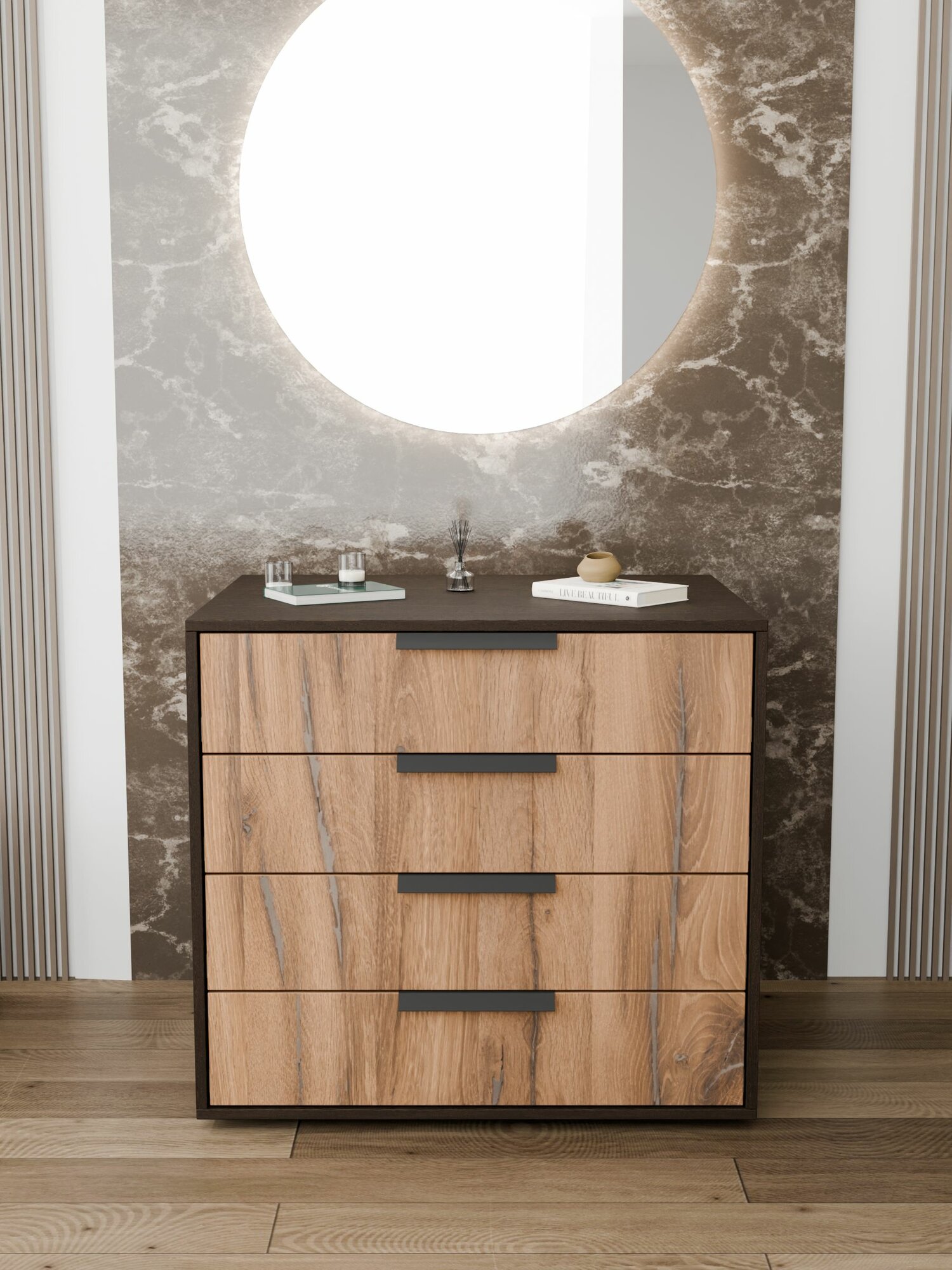 Изумлит Комод для белья и одежды Лайн 4 ящика, 80х74х59 см, венге-дуб крафт табачный