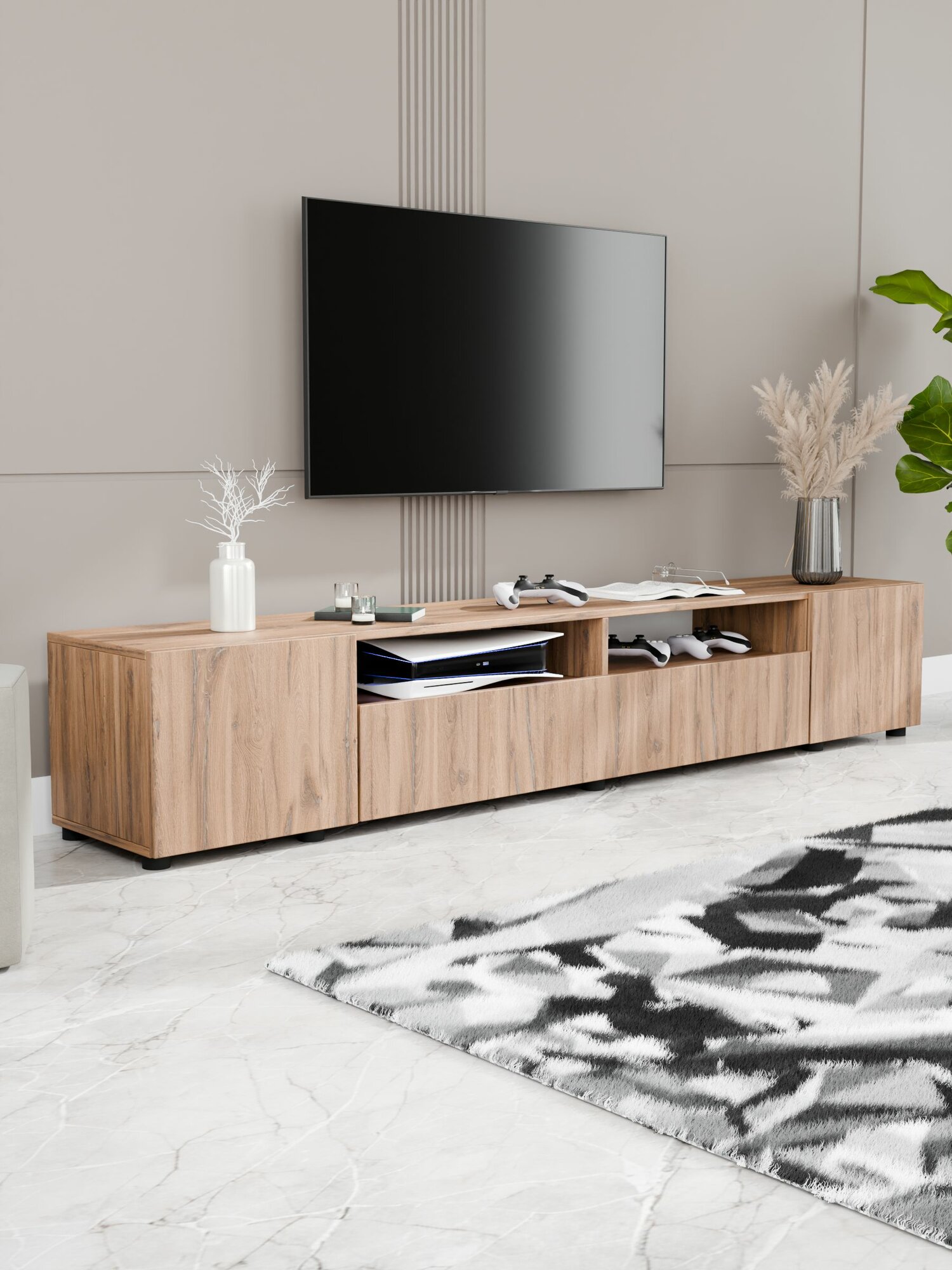 Тумба под телевизор горизонт 200х37.8х36.3 см, дуб крафт табачный