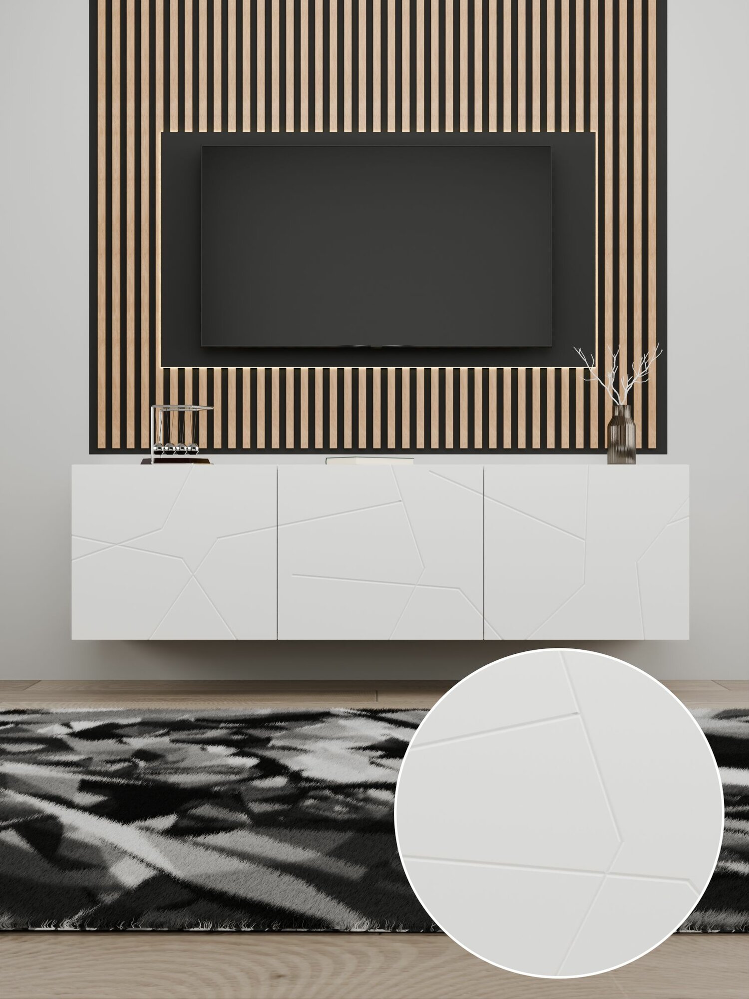 Изумлит Тумба под телевизор подвесная Абстракция 150х44х36.6 см, корпус белый/ фасад МДФ пленочный белый