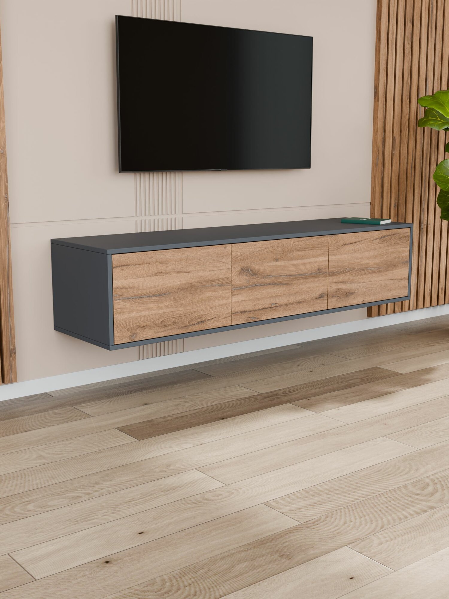 Изумлит Тумба под телевизор Каллисто 150х33.2х40 см, графит/дуб крафт табачный