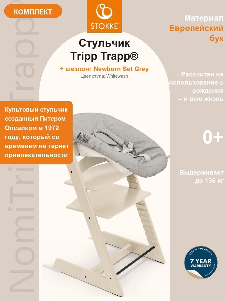 Комплект стульчик для кормления Stokke Tripp Trapp Whitewash и шезлонг для новорожденного Newborn Set Grey
