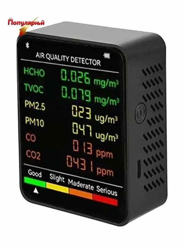 6-в-1 монитор качества воздуха с детектором CO2, CO, PM2.5, PM10, формальдегида и TVOC