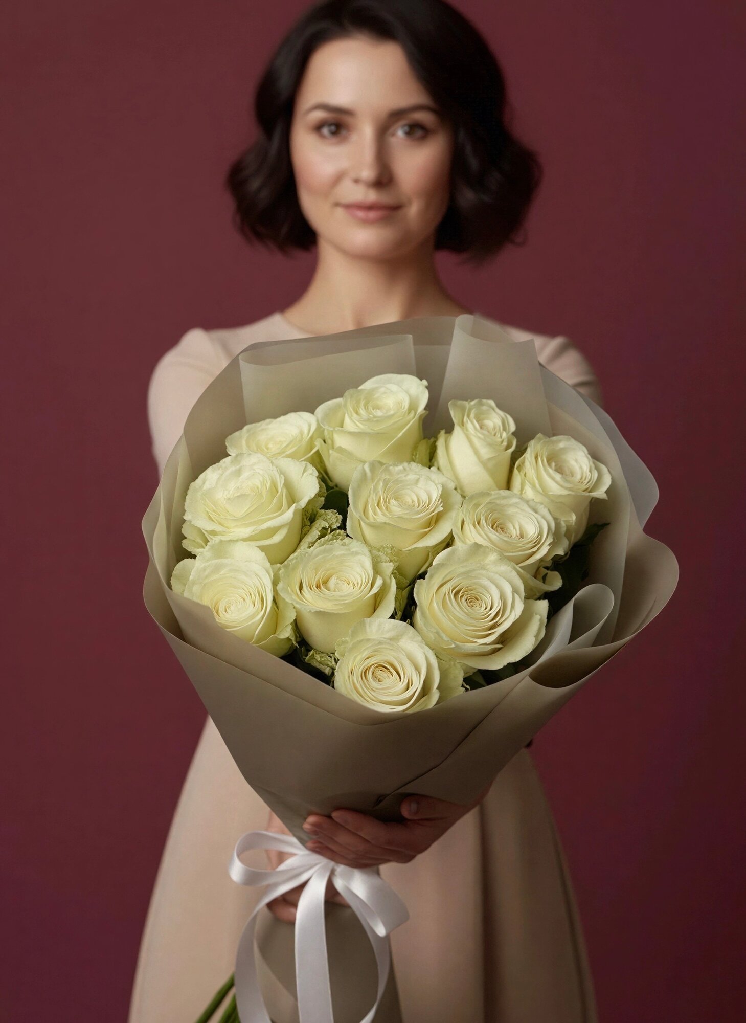 Монобукет белых роз 11шт, в дизайнерской упаковке 50см высота