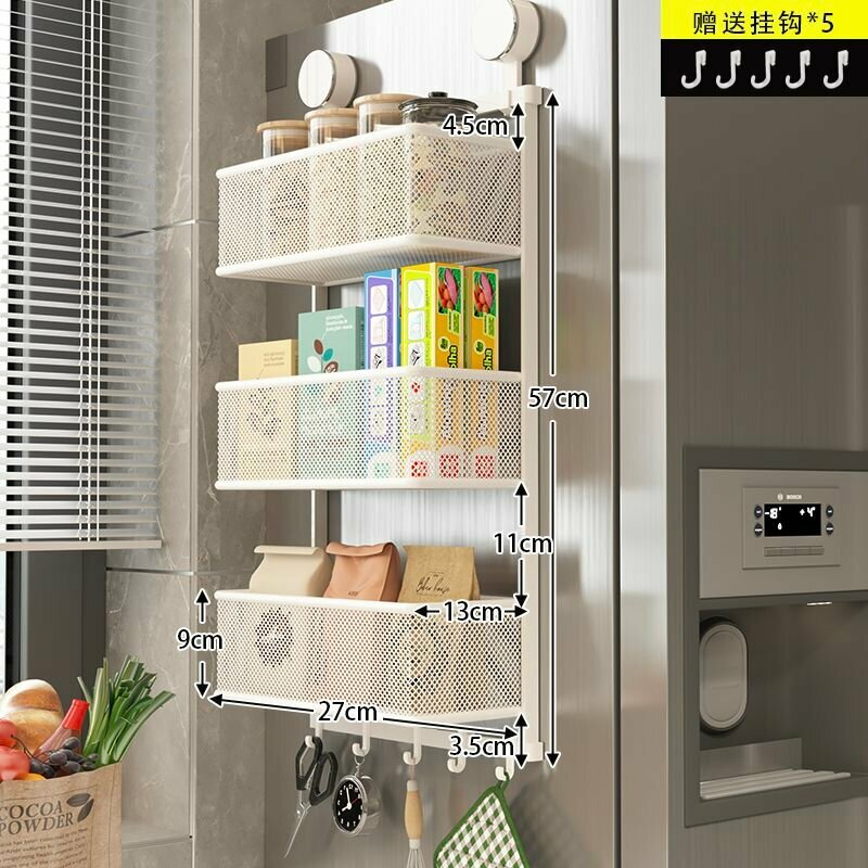 Стеллаж для хранения в холодильнике без сверления, боковой органайзер, многофункциональная настенная полка для специй, присоска, многослойная кухонная полка