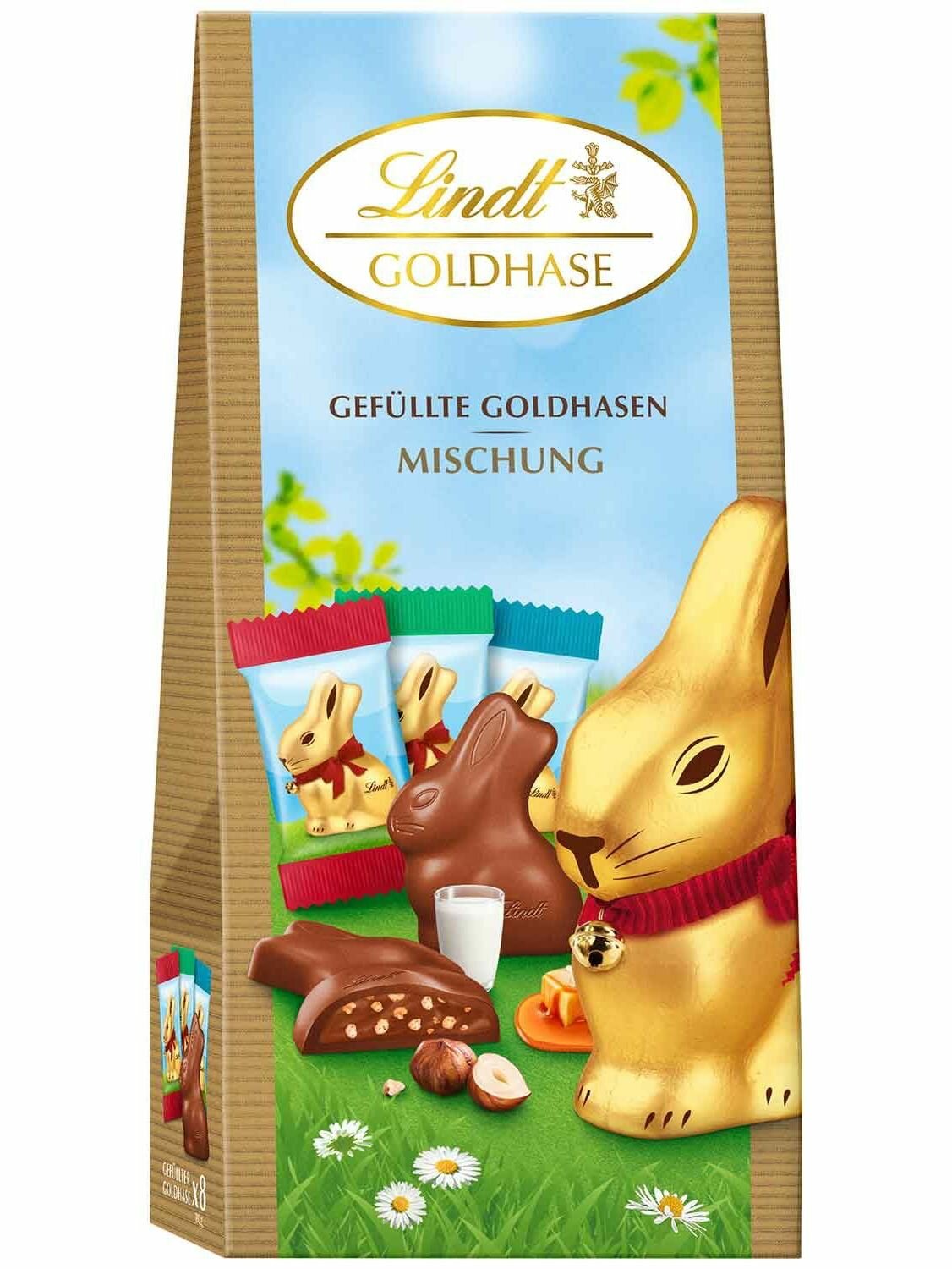 LIndt goldhase маленькие пасхальные кролики ассорти из молочного шоколада с начинкой, 8 шт, 80 гр (из Финляндии)