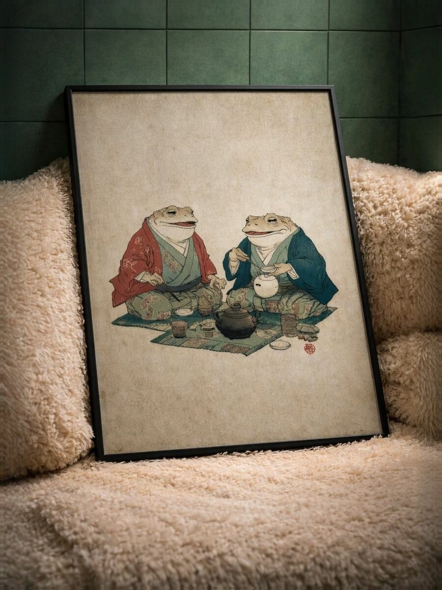 Постер гравюра лягушки / Плакат мифология азиатская интерьерная печать
