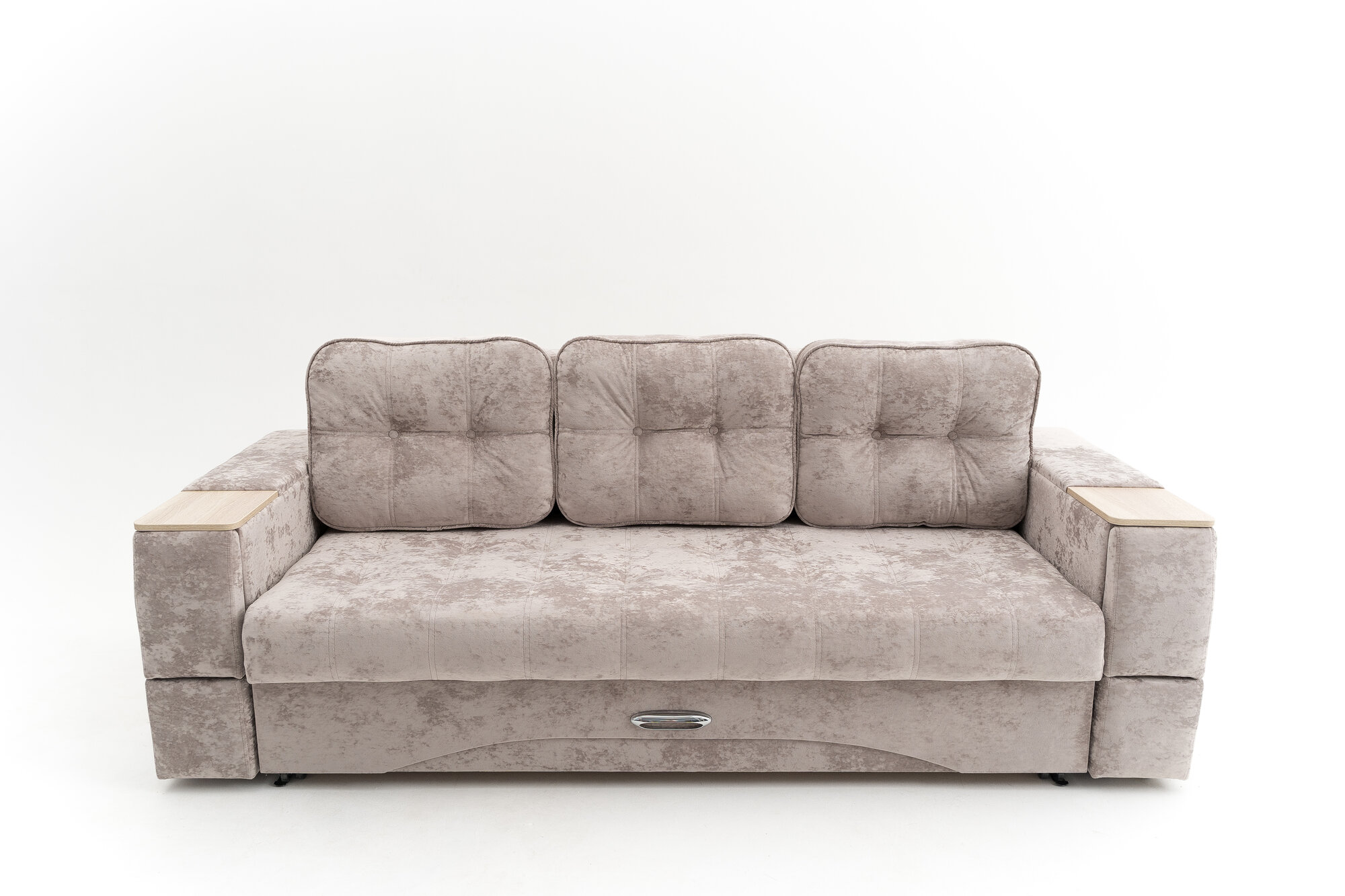 Диван-кровать прямой "Импульс", с выдвижным столиком, выкатной с механизмом тройного разложения "Еврокнижка", микровелюр, с ящиком для белья, бежевый.