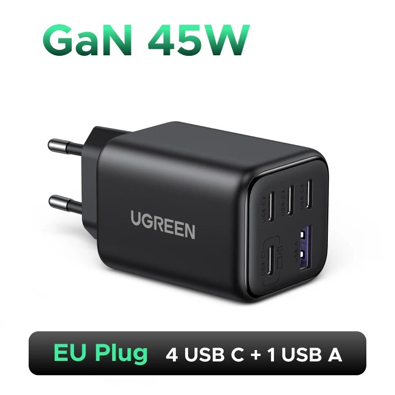 Зарядное устройство UGREEN 45W GaN с 5 портами PD 3.0 UFSC PPS для iPhone 17 16 15 Pro EU GaN 45W