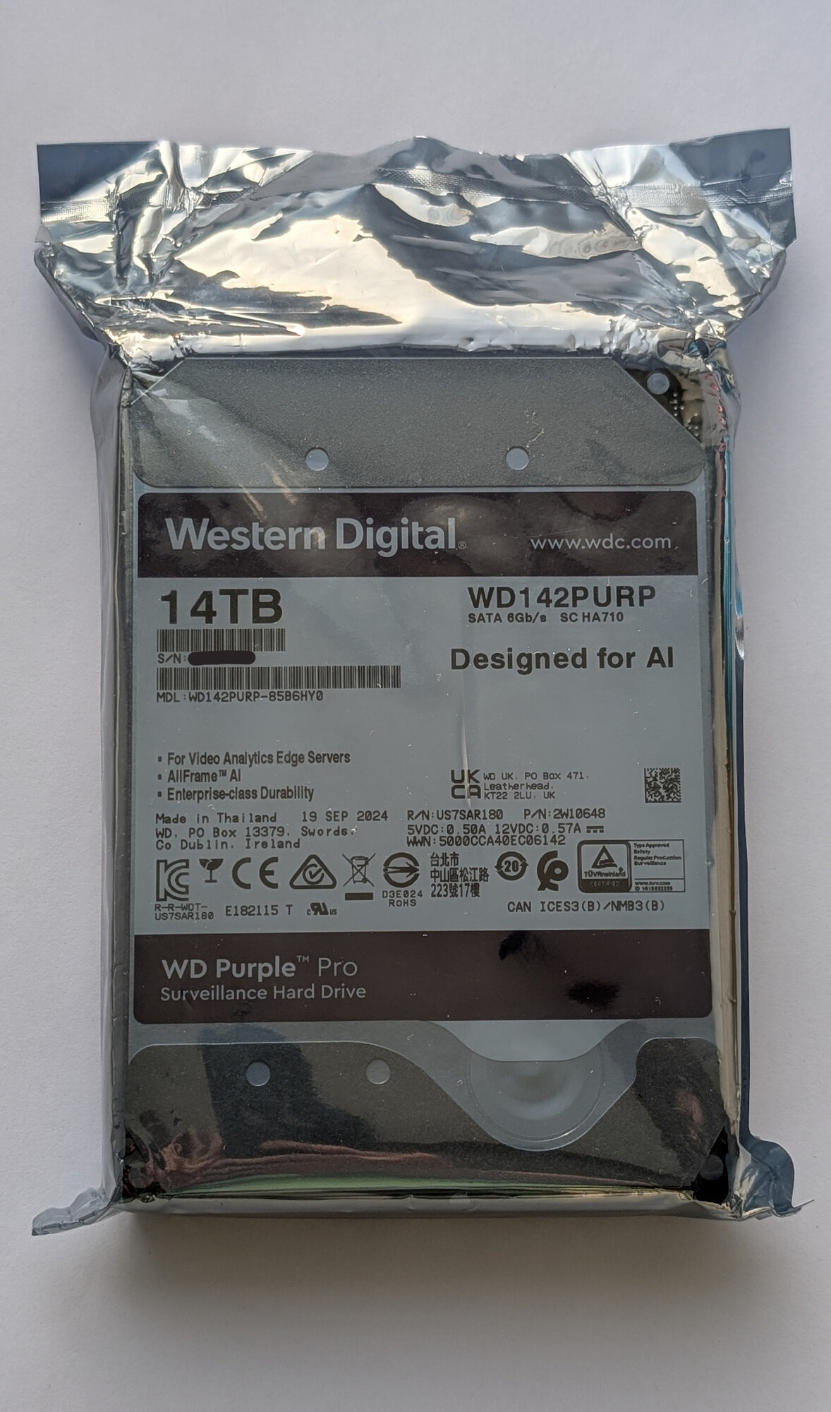 Жесткий диск Western Digital Purple Pro 14Tb, WD142PURP, 7200об/мин, SATA 6Гб/с, 512МБ