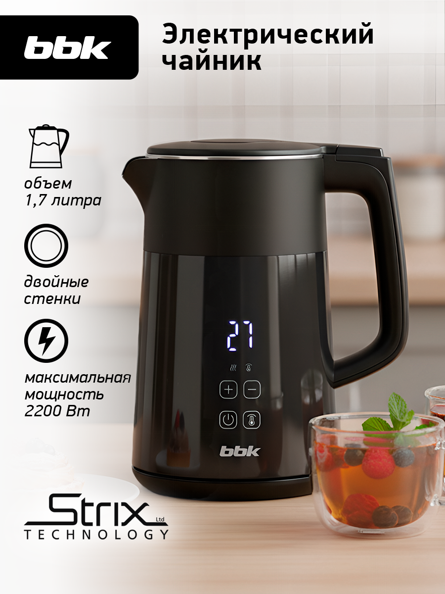 Чайник электрический BBK EK1705 с терморегуляцией, черный, 1.7л, мощность 2200Вт, контроллер STRIX