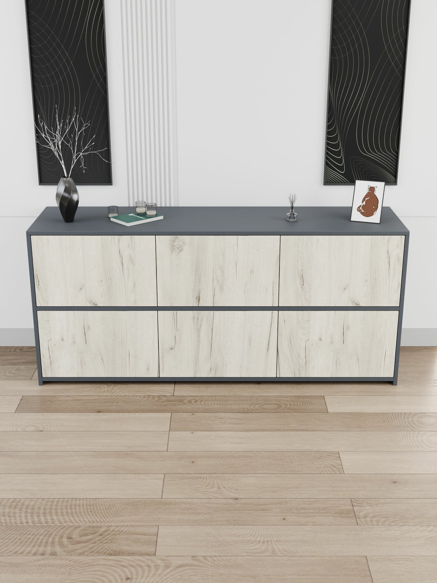 Изумлит Комод для белья и одежды Каллисто 150х66.8х40 см, графит/дуб крафт белый