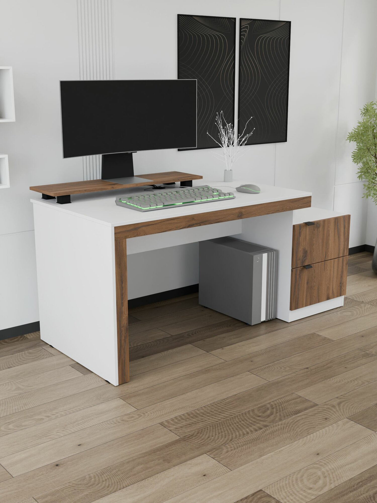 Изумлит Стол компьютерный для офиса и дома Вертикаль Компакт Лайт 165х73х74.5 см, тумба справа, белый-дуб крафт табачный