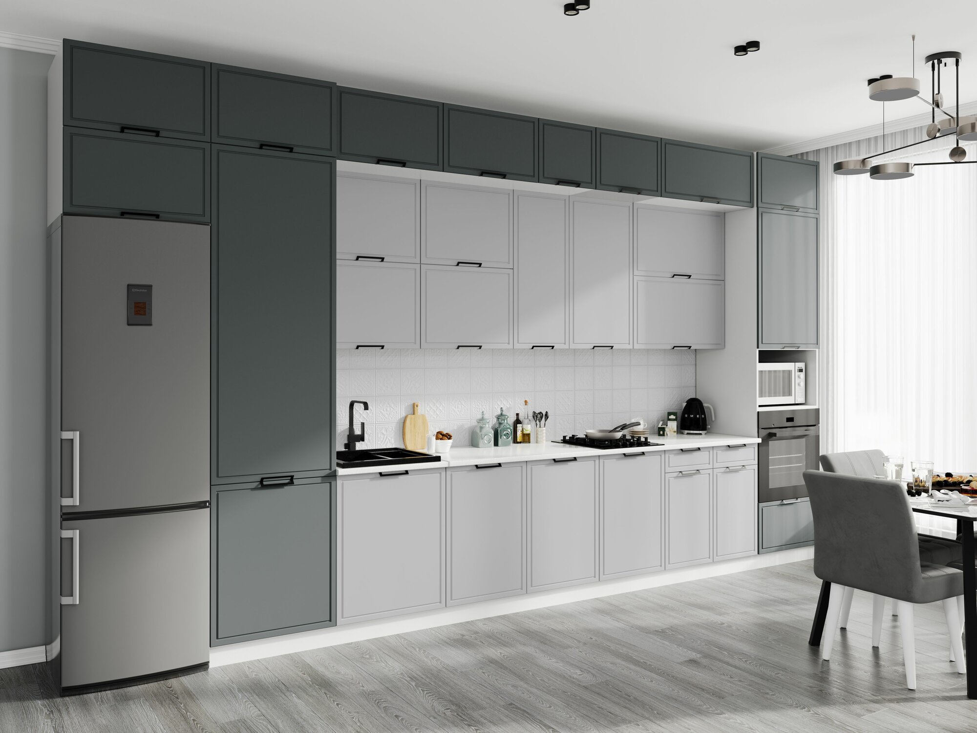 Кухонный гарнитур 4,7м Квадро МДФ темно-зеленый/светло-серый без столешницы, тэкс