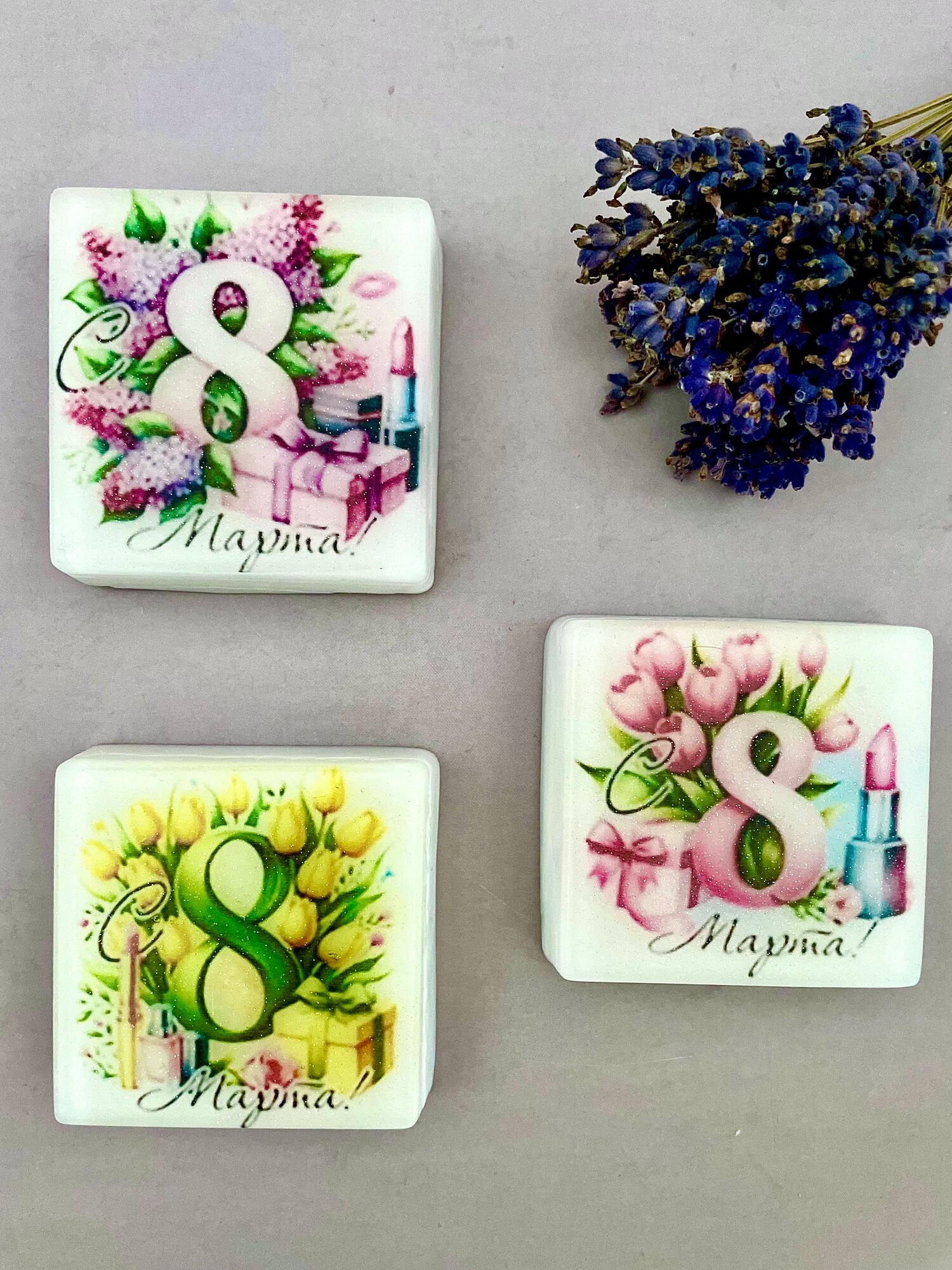 Мыло с картинкой “С 8 Марта” ручной работы Eco Spa 1шт/сувенирное твердое мыло/весеннее мыло открытка