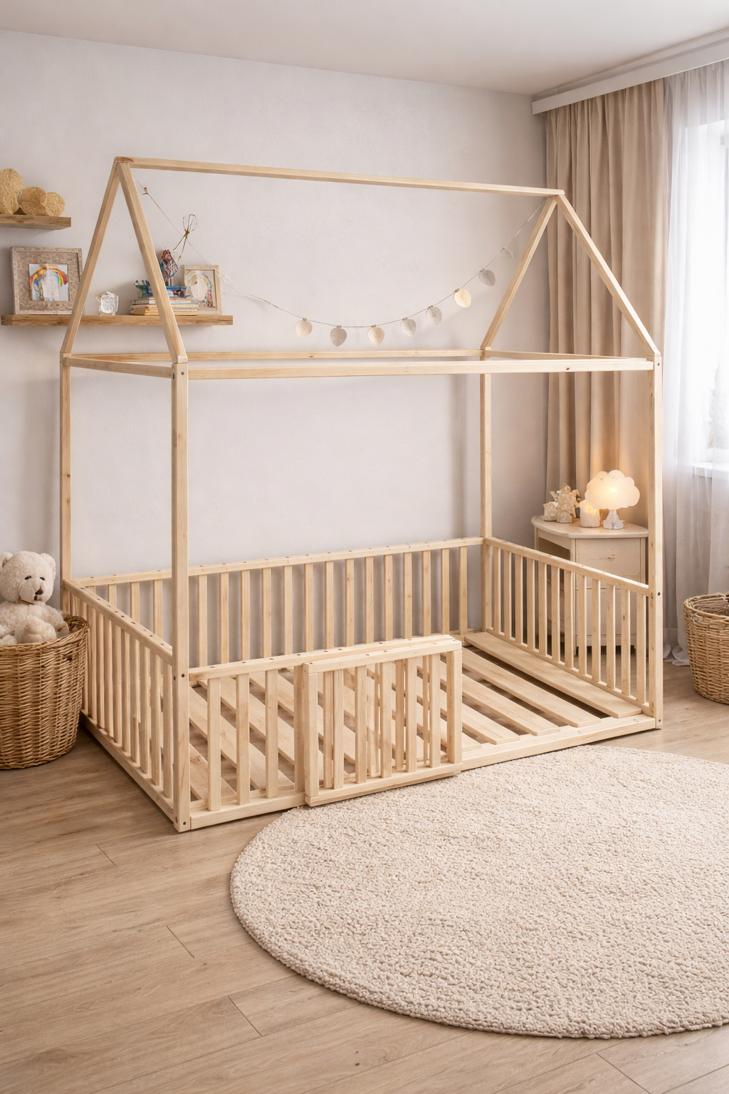 Кровать детская из массива напольная "Домик Монтессори" с калиткой с вертикальными бортами 60х120