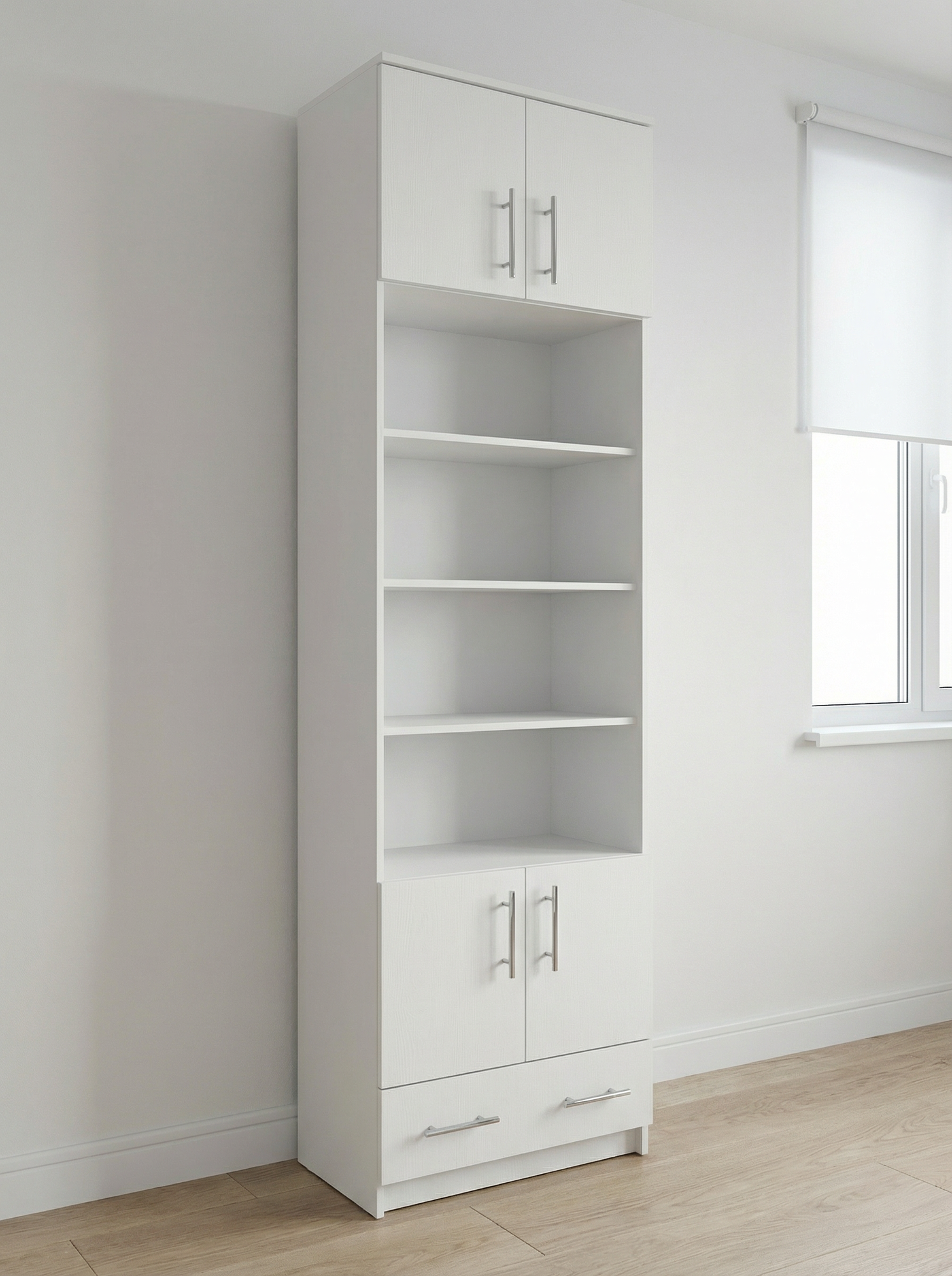 Стеллаж открытый напольный с ящиком и 4 дверцами Стим-25, ШхГхВ: 70х38х240 см, белый