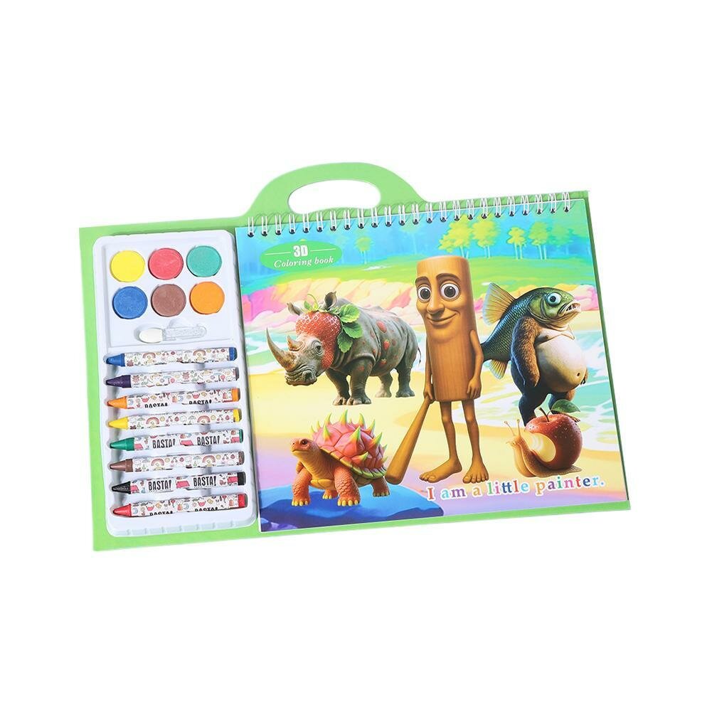 Детский набор для раскрашивания включает в себя раскраску, цветные карандаши и акварельные краски.