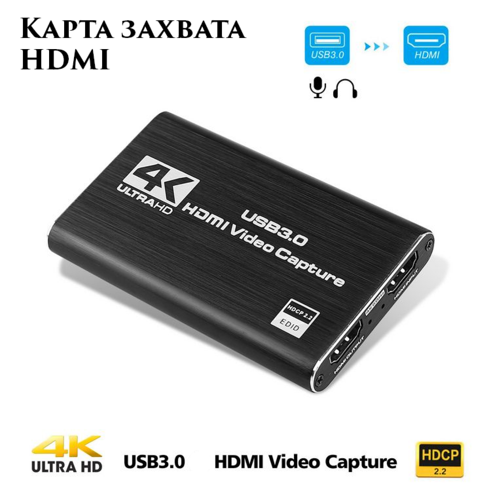 Переходник-адаптер видеозахвата MyPads HD HDMI 4K 60Hz для игрового видео PS/Xbox с записью 1080P