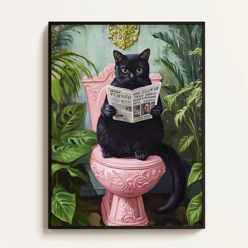 Плакат с черным котом на розовом унитазе, 20x30см