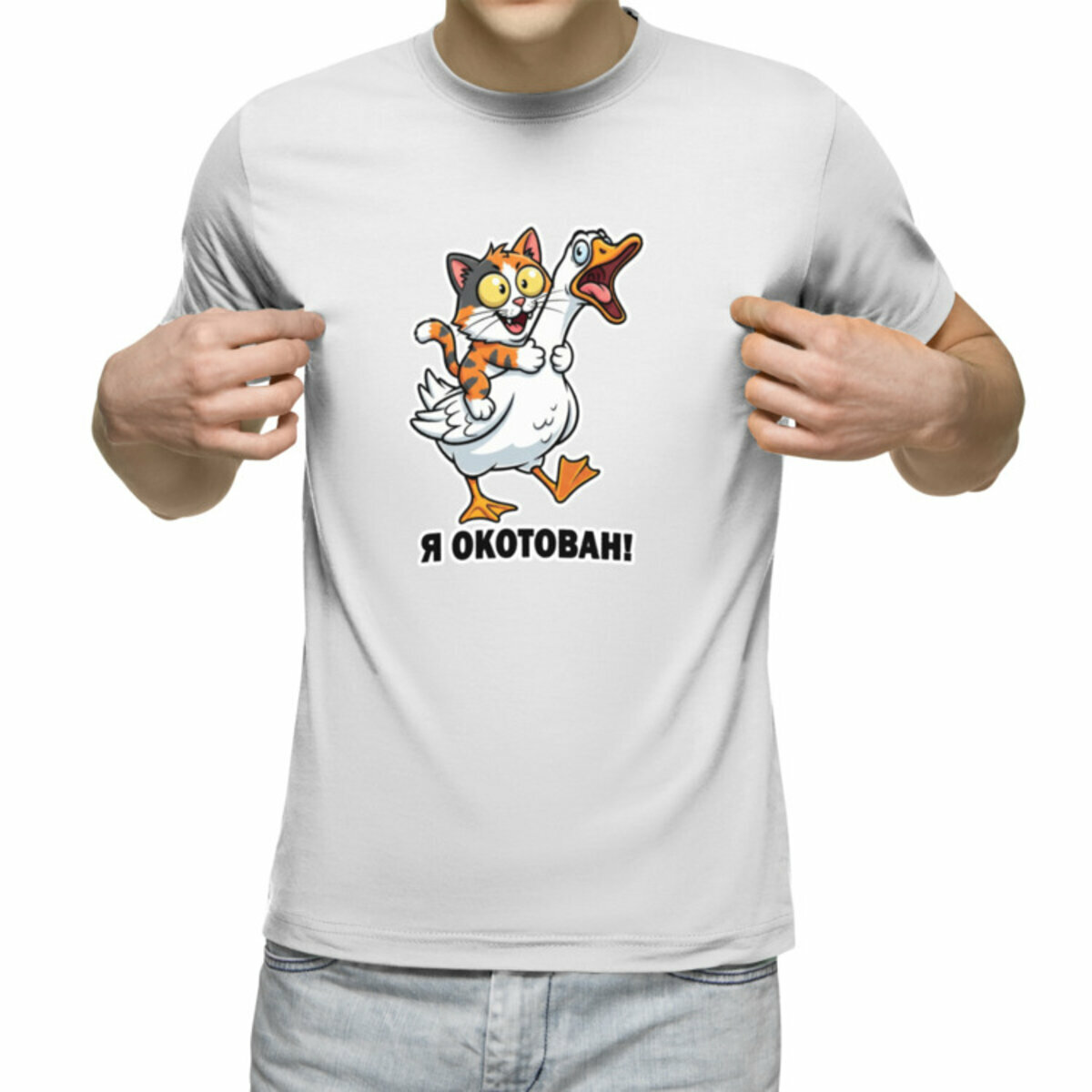 Мужская футболка «Я окотован! Гусь с котом. Игра слов» (белый, XL)
