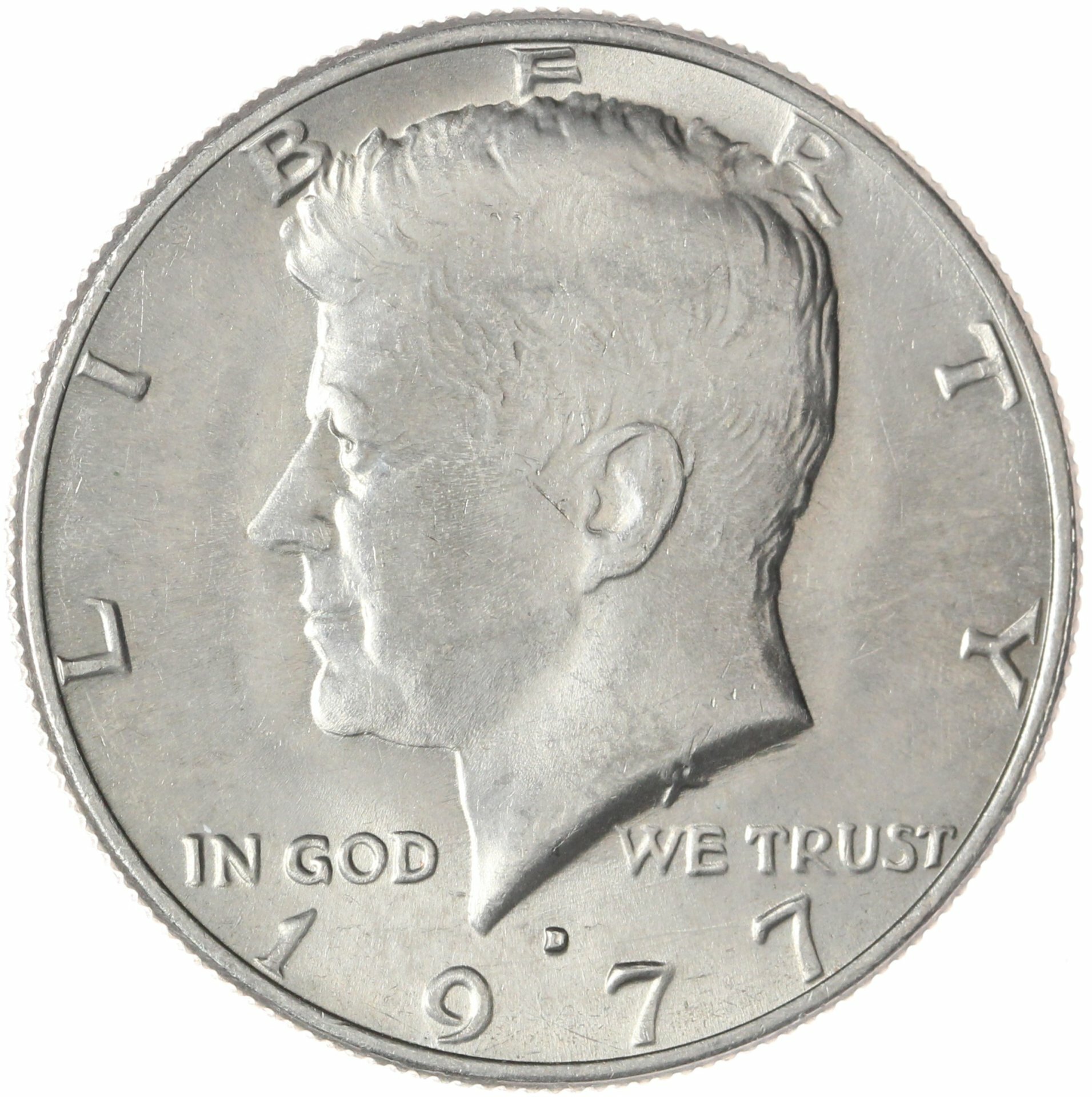 США 50 центов 1/2 доллара, half dollar 1977 D Kennedy Half Dollar Кеннеди знак монетного двора "D" - Денвер, Медь, покрытая медно-никелевым сплавом