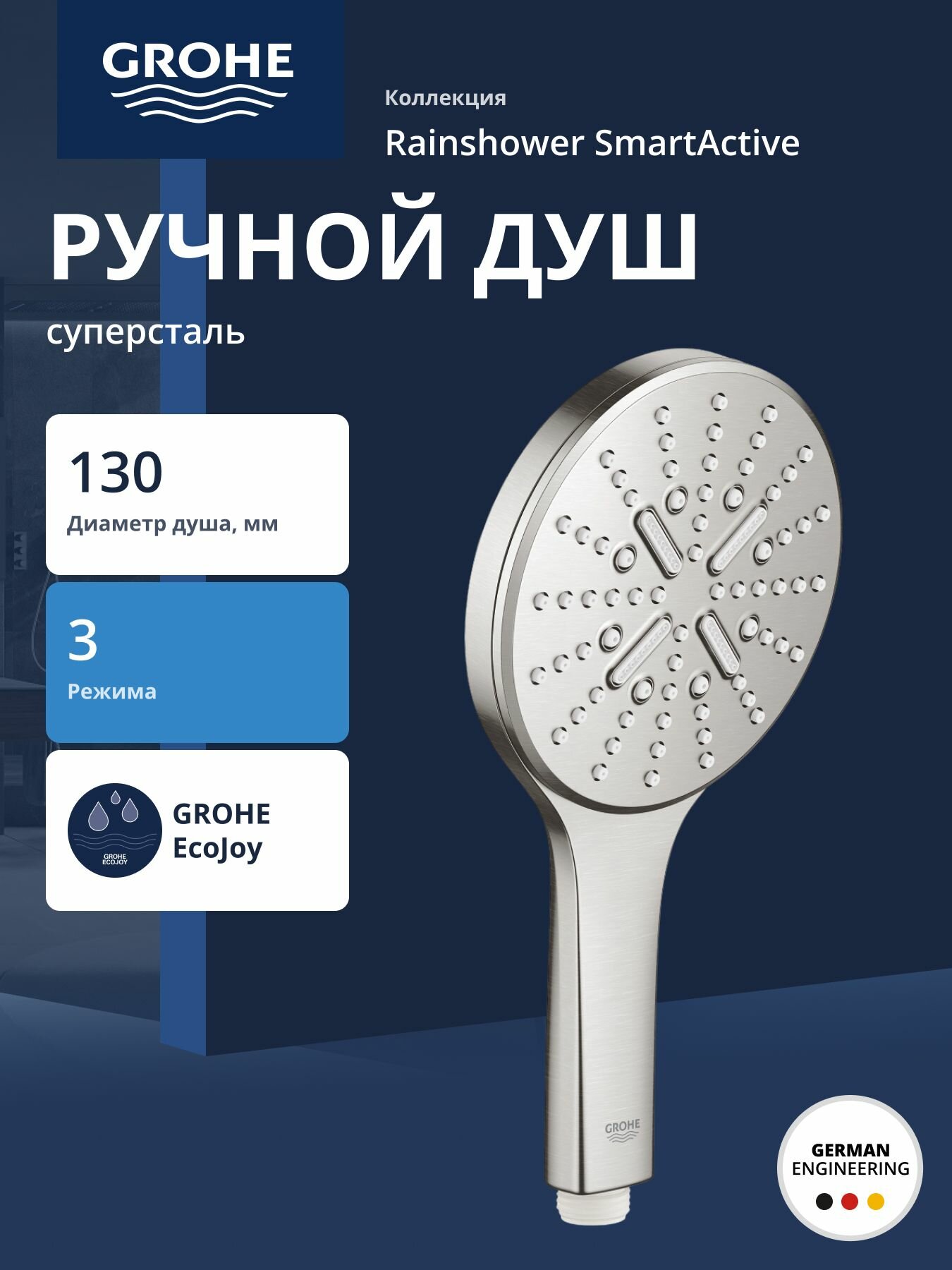 Лейка для душа GROHE Rainshower SmartActive 130, 3 вида струи, суперсталь (26574DC0)