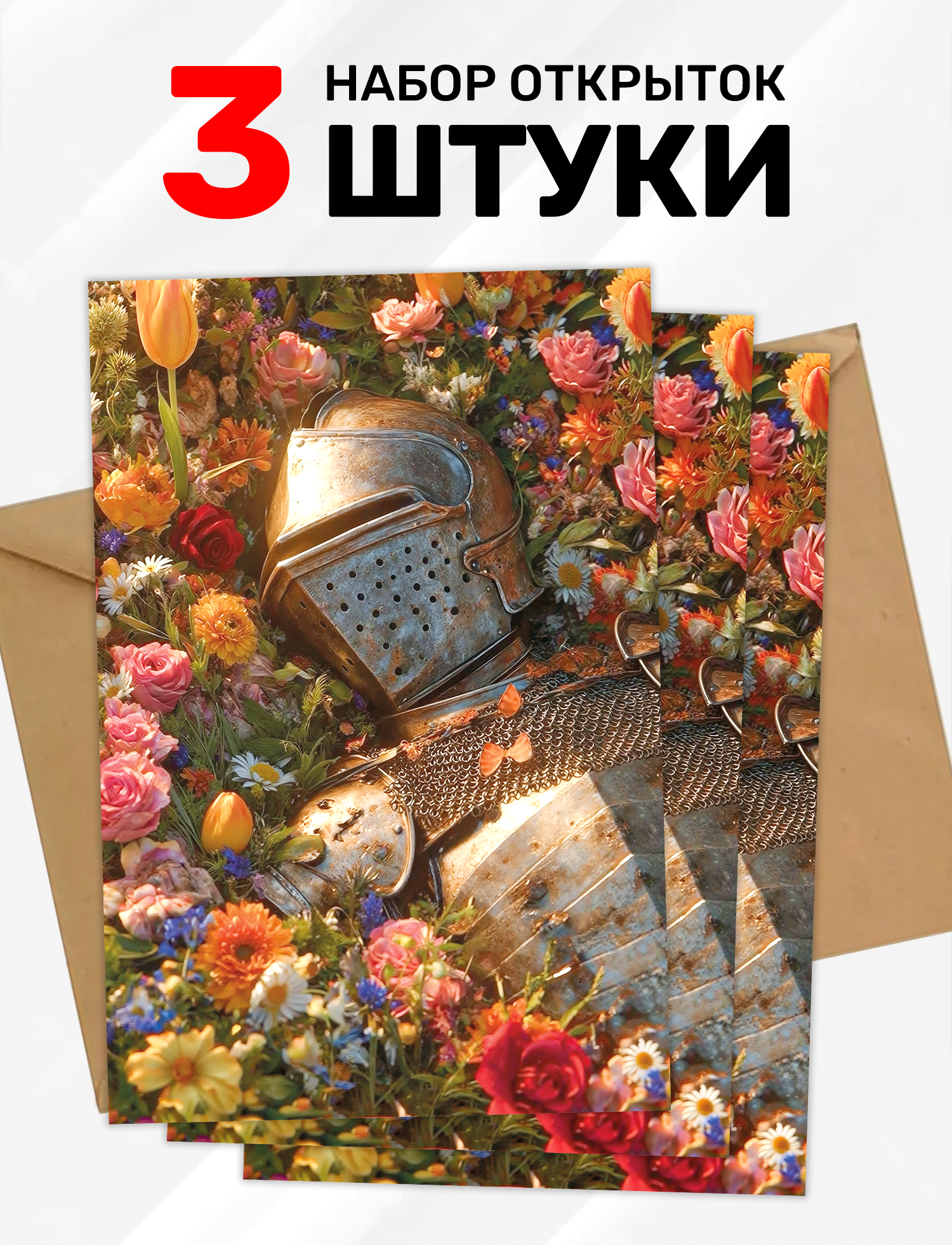 3 открытки с конвертами, двусторонние, под рамку 10х15см, подставка